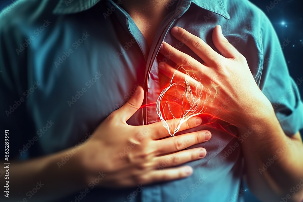 symptoms a heart attack. hands on chest gesture, medical themes. Stock ...
