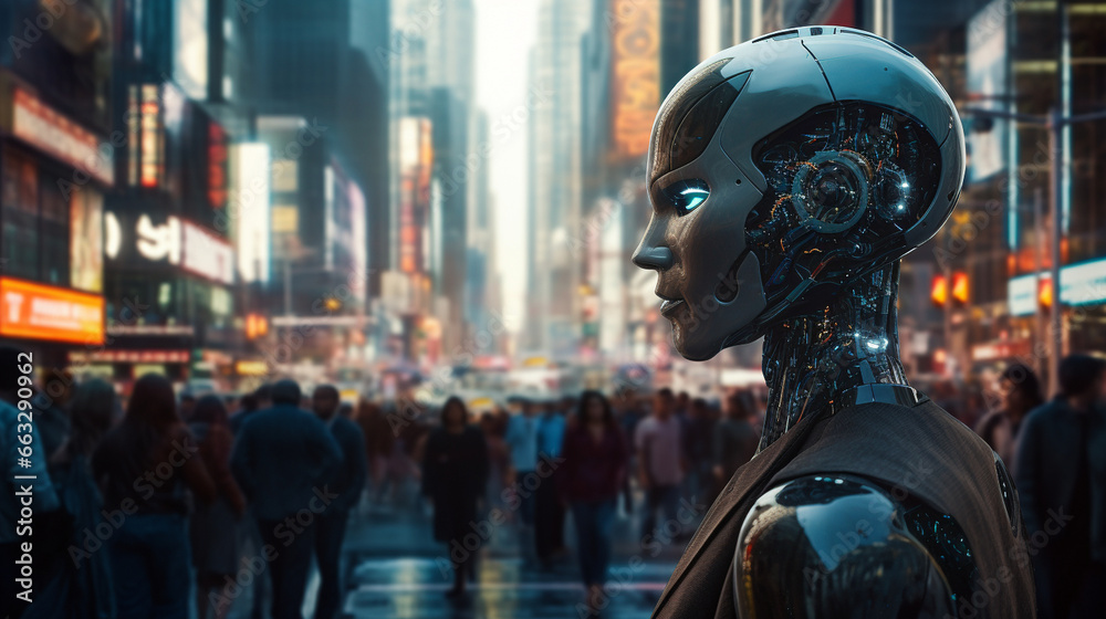 An Artificial Intelligence Robot Amidst The Bustling Streets Of A