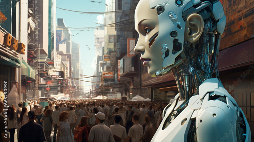 In the heart of a bustling city, an AI robot becomes a focal point ...