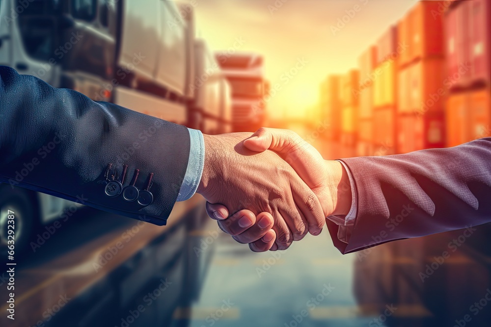 Double exposure of businessman handshake with container cargo freight ...
