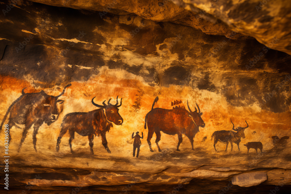 Old cave drawings of primitive people, stone age art, ancient history ...
