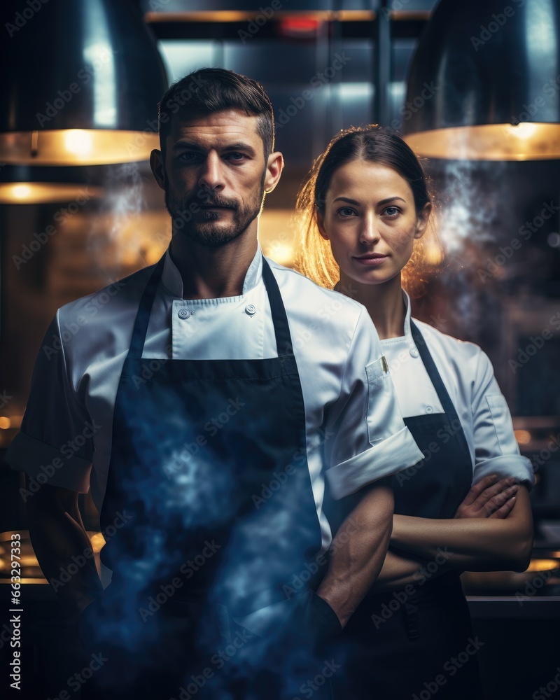 Portrait of a young couple of cooks in a restaurant kitchen. Created ...