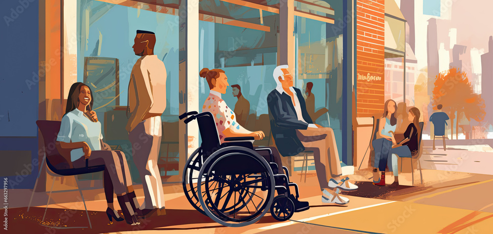 Artwork of group of people talking to each other, some of them are in ...