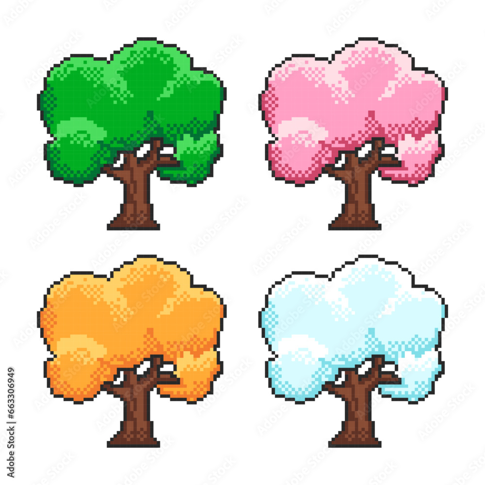 Season pixel tree, video game UI asset elements. 8 bit spring summer ...
