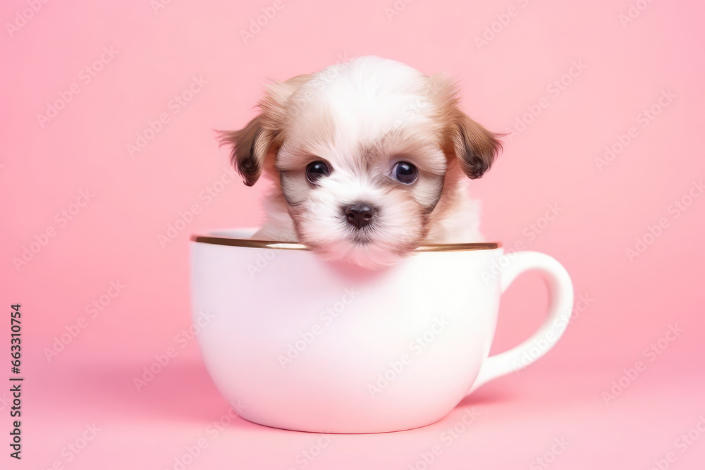 Very small and cute teacup doodle (poodle mix) puppy sitting inside a white teacup. Pet studio ...