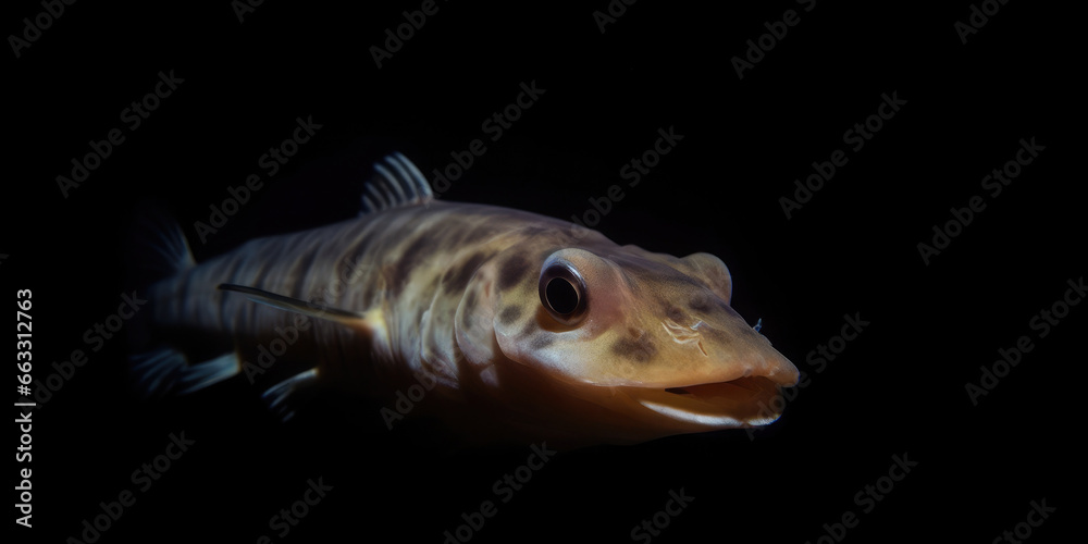 Deep sea viperfish swimming in the abyssal dark waters. Underwater ...