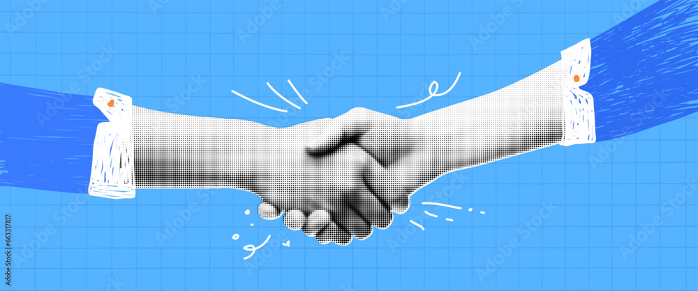 A collage banner with a handshake theme. Womens hands make a deal ...