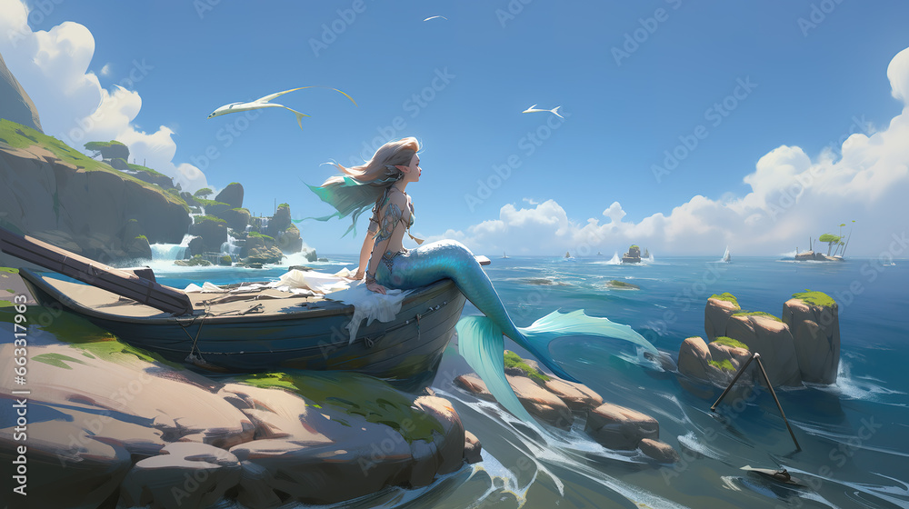 epic inspired concept artwork of a mermaid sitting on a boat next to ...