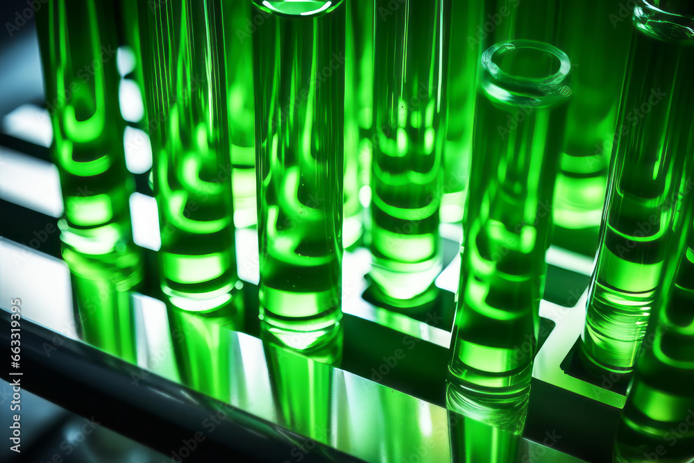Tubos de ensayo con líquido verde radiactivo. Probeta con combustible ...