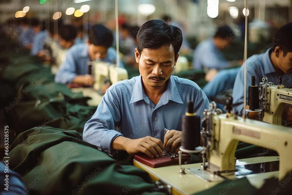 Male Asian seamstress workers in a textile factory using industrial ...