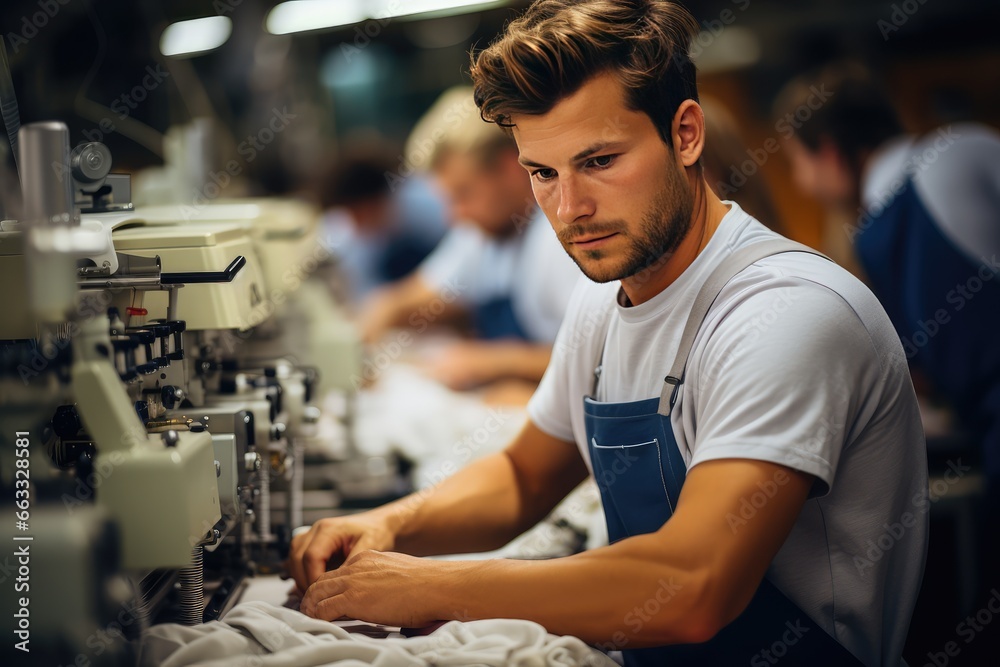 Male seamstress workers in a textile factory operating industrial ...