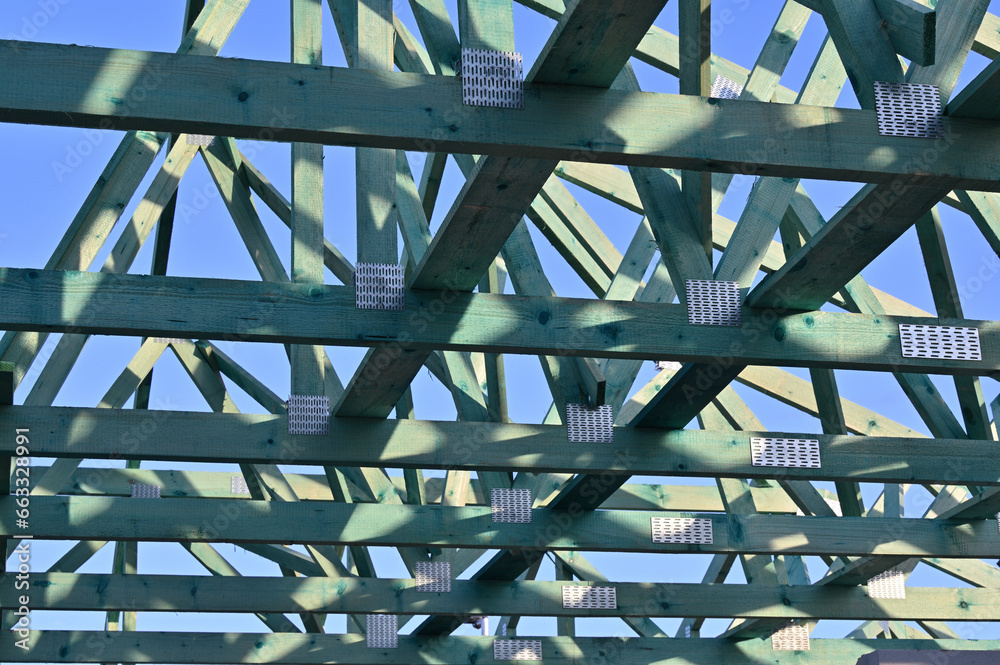 Roof trusses traditional timber framing. Stock Photo | Adobe Stock