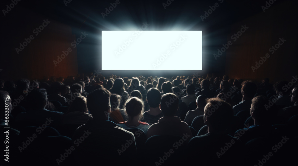 Movie theater blank screen mock up, modern cinema with people on seats ...