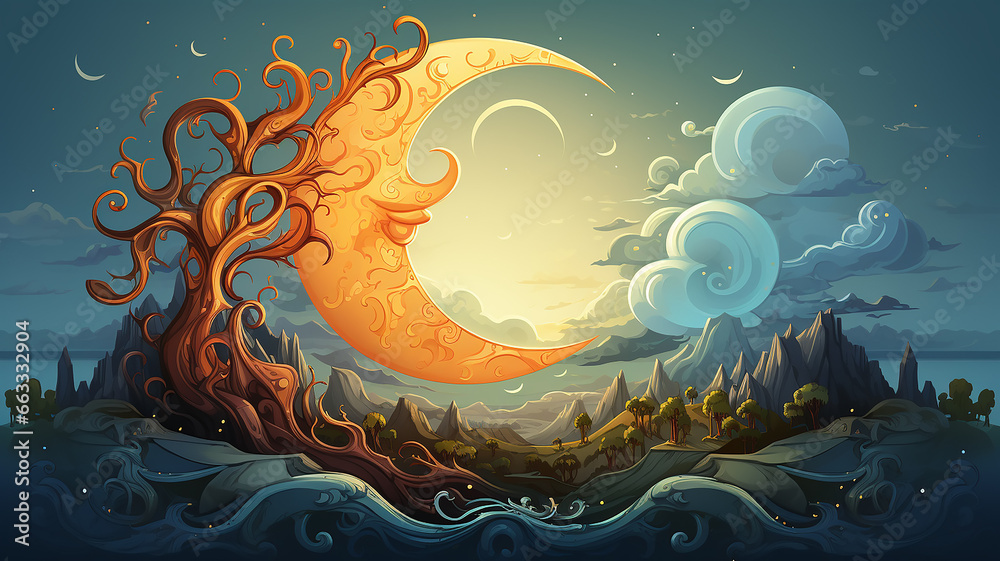cartoon crescent moon on a blue sky background, art character, good ...