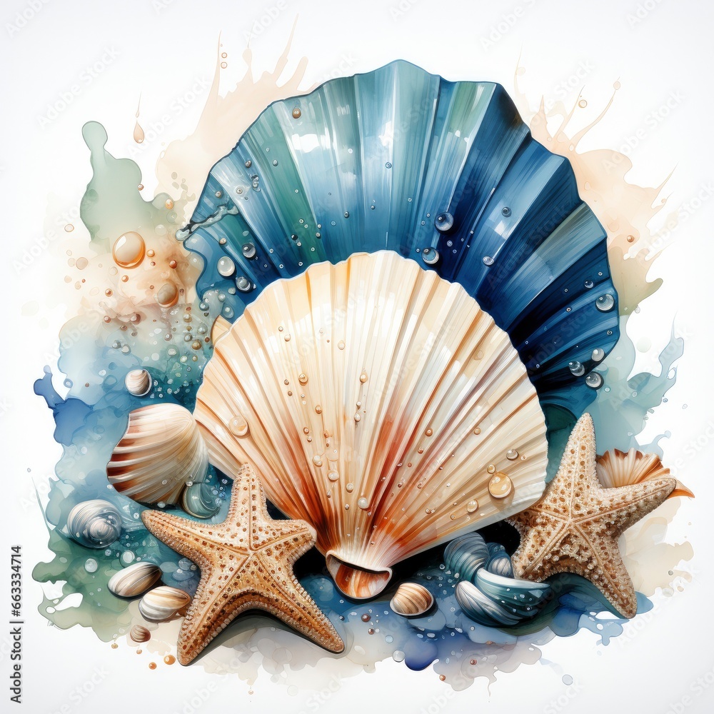 Watercolor Seashell clipart on white background. Stock Illustration ...