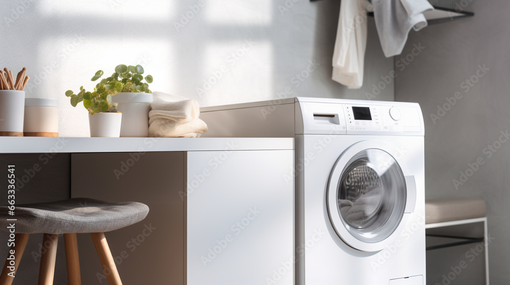 White blurry home laundry room with modern washing machine and empty ...