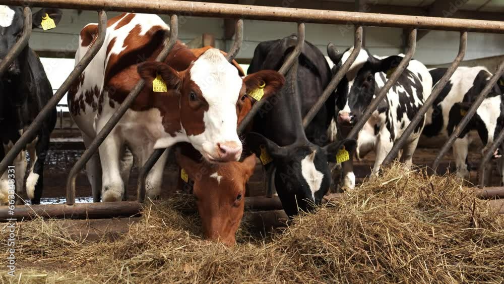 Modern livestock farm with dairy cows. Outdoor cowshed at dairy farm with herd of milking cows ...