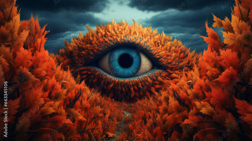 Otherworldly surreal eye merging with vibrant fall foliage blurring ...