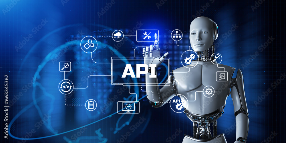 API Application programming interface apps and web development instrument concept. Robot hand ...