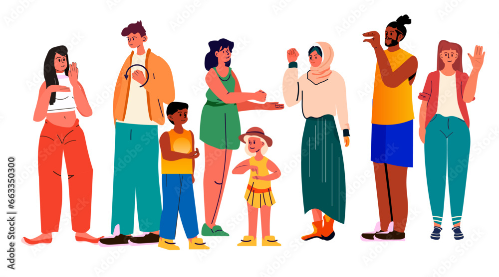 deaf mix race people talk to each other men women using sign gesture ...