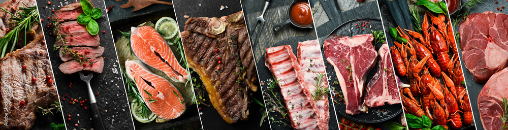 Collage of different assortment of meat and seafood: veal steaks ...
