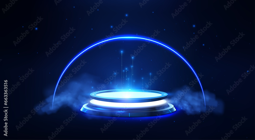 Futuristic Glowing Circular Platform with Rising Light Beams in a Deep ...