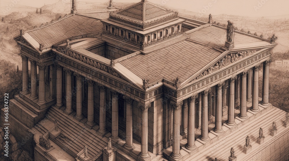 Impressive illustration/pencil sketch of a columned temple in ancient ...