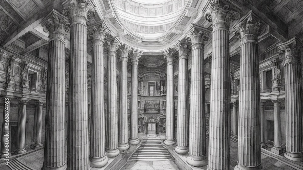 Impressive illustration/pencil sketch of a columned hall in ancient ...