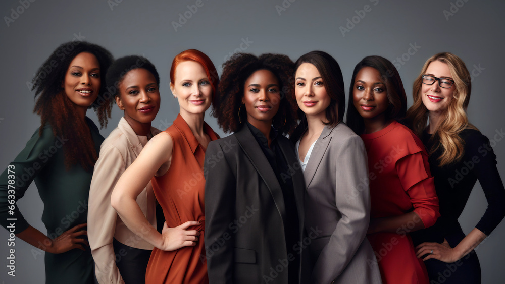 Group of elegant diverse professional women in stylish attire, standing ...