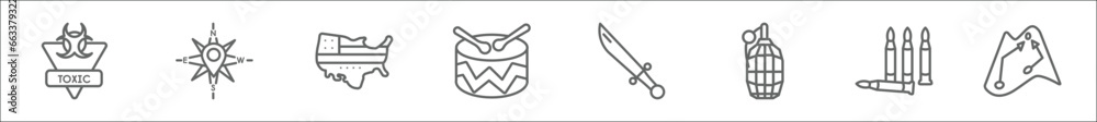 outline set of army line icons. linear vector icons such as toxic ...