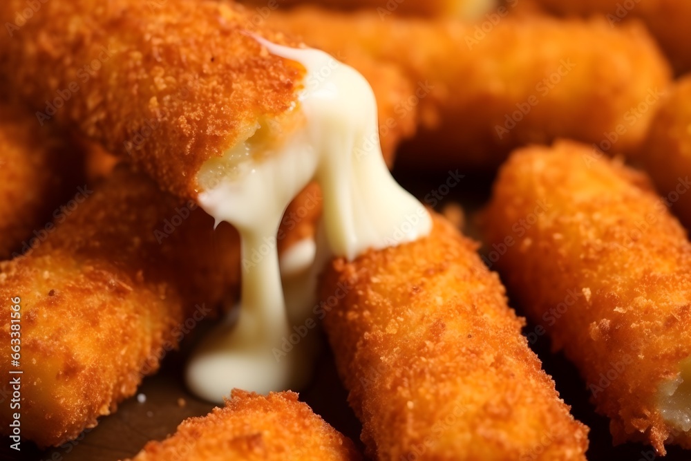 Deep Fried breaded mozzarella cheese sticks, close up shot showing the ...