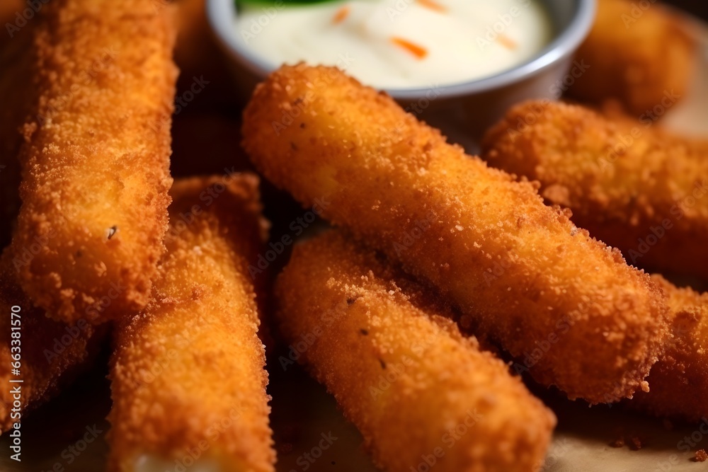 Deep Fried breaded mozzarella cheese sticks, close up shot showing the ...