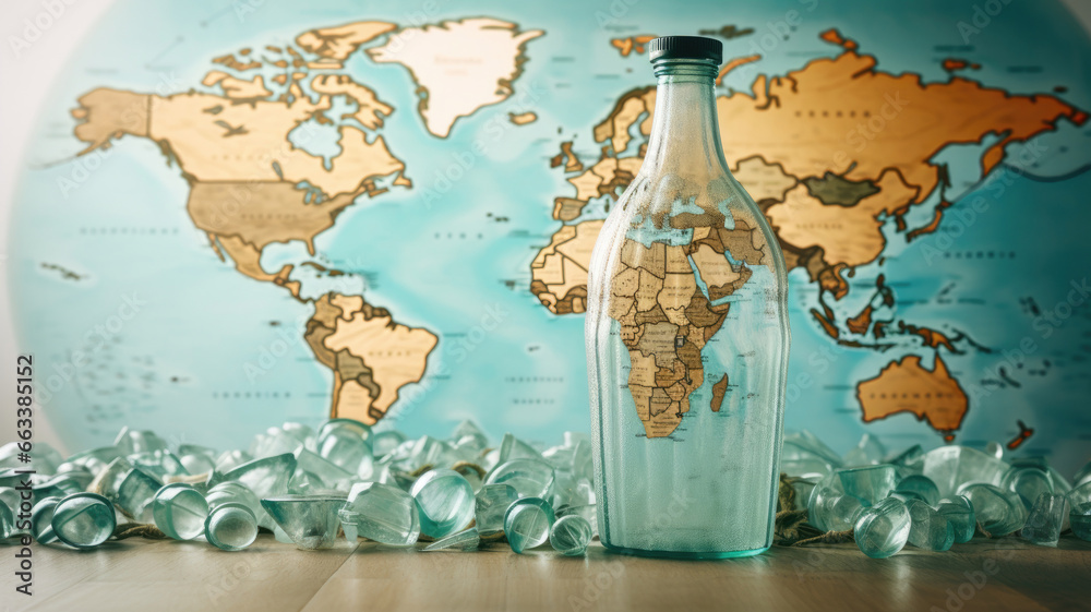 Vintage map of the world with a plastic bottle in front of it ...