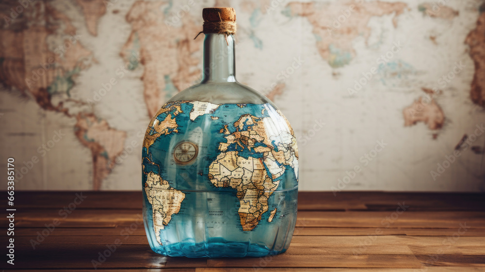 Vintage world map with a plastic bottle with a map of the world in ...