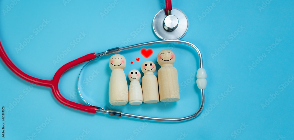 Health insurance concept, wooden dolls, family of parents and children ...