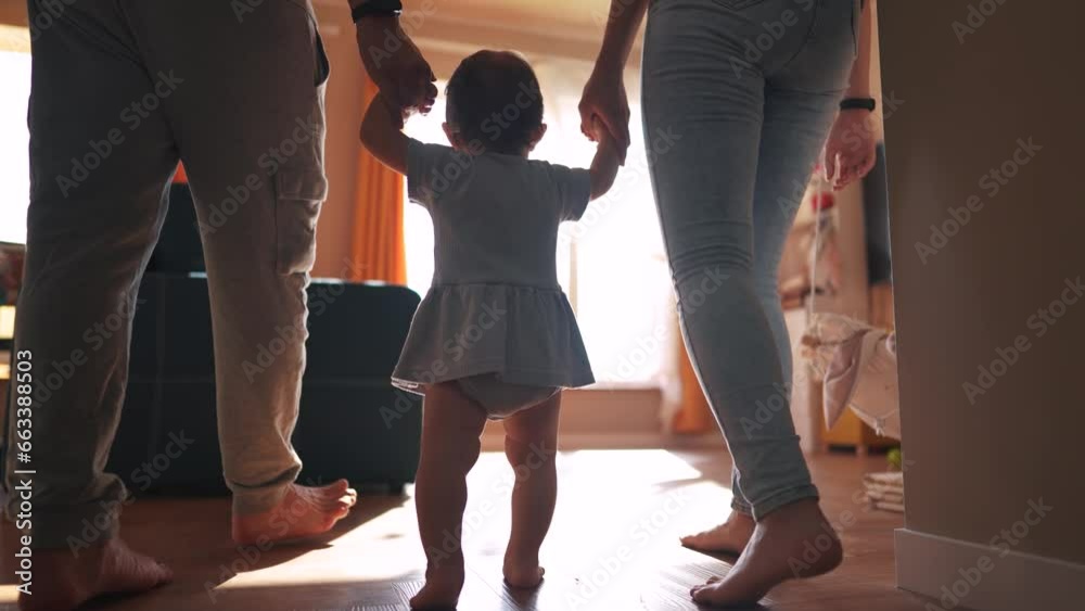 baby with parents first steps. happy family kid a dream concept. baby ...