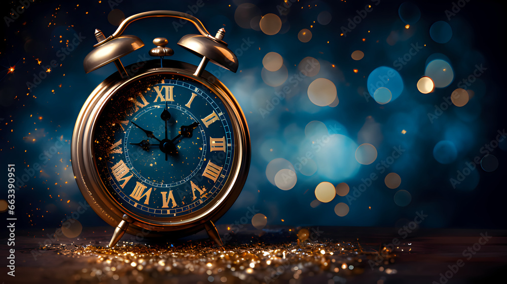 Design an image with a clock striking midnight against a shimmering ...