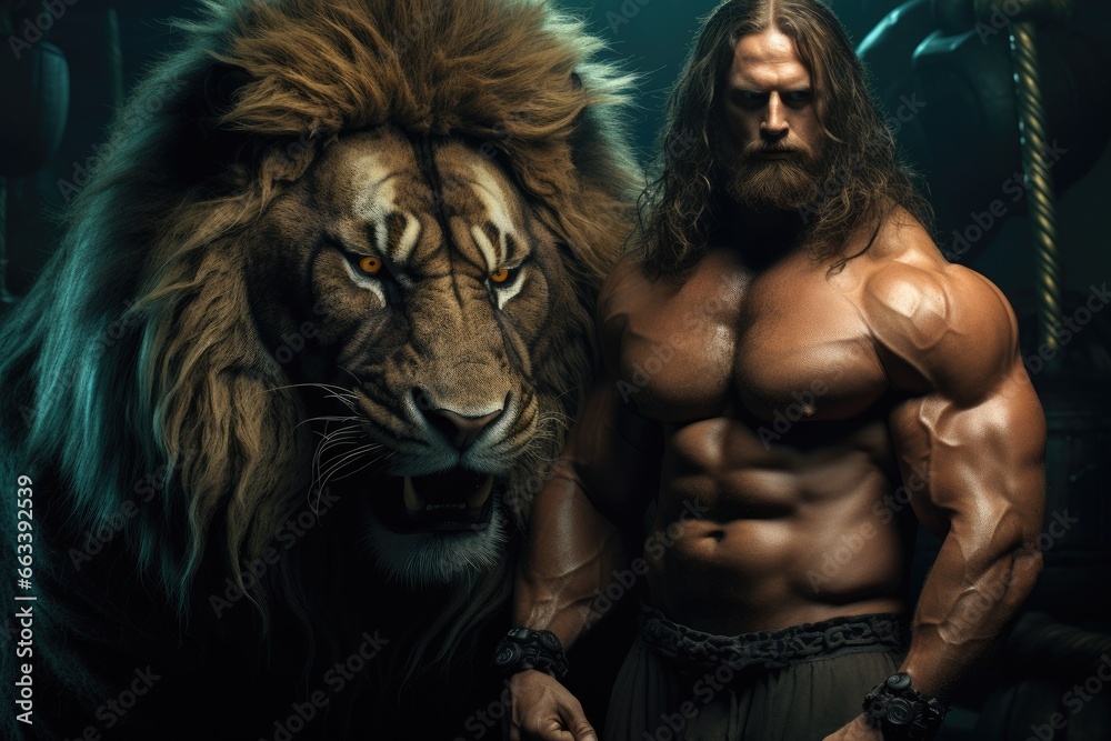 strong men with muscular body and strong male lion in studio. Created ...