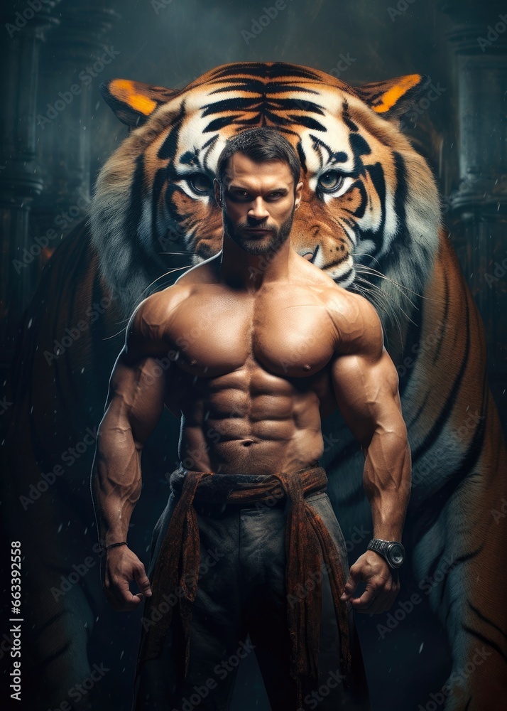 Portrait of a strong muscular man with a big tiger on a dark background ...