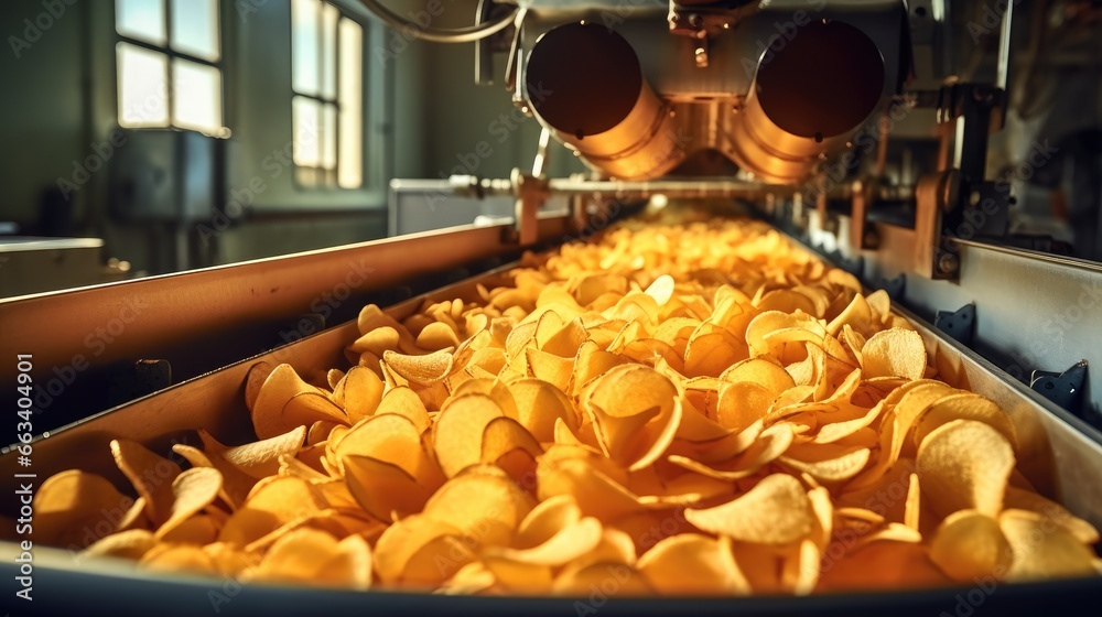 Crisps, Production of Crisps on conveyor belt in factory, Concept with ...