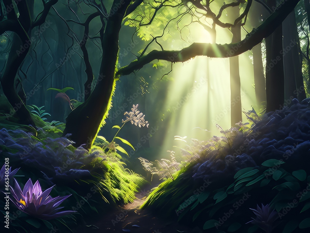 Un bosque místico, con rayos de sol que se filtran a través del dosel ...
