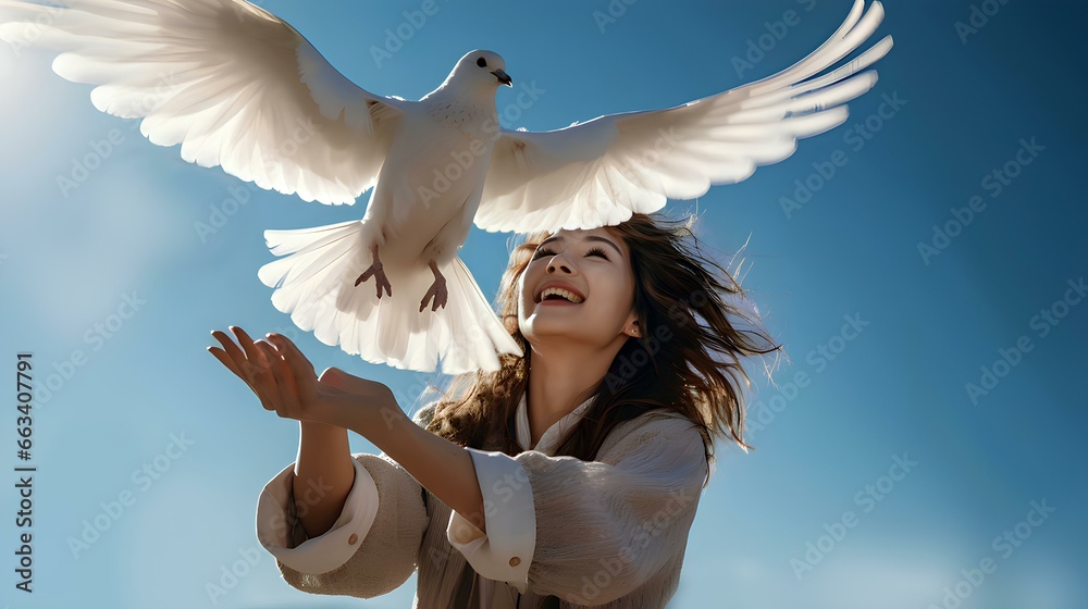 Dove pigeon flying out from two hands of girl. Freedom making merit ...