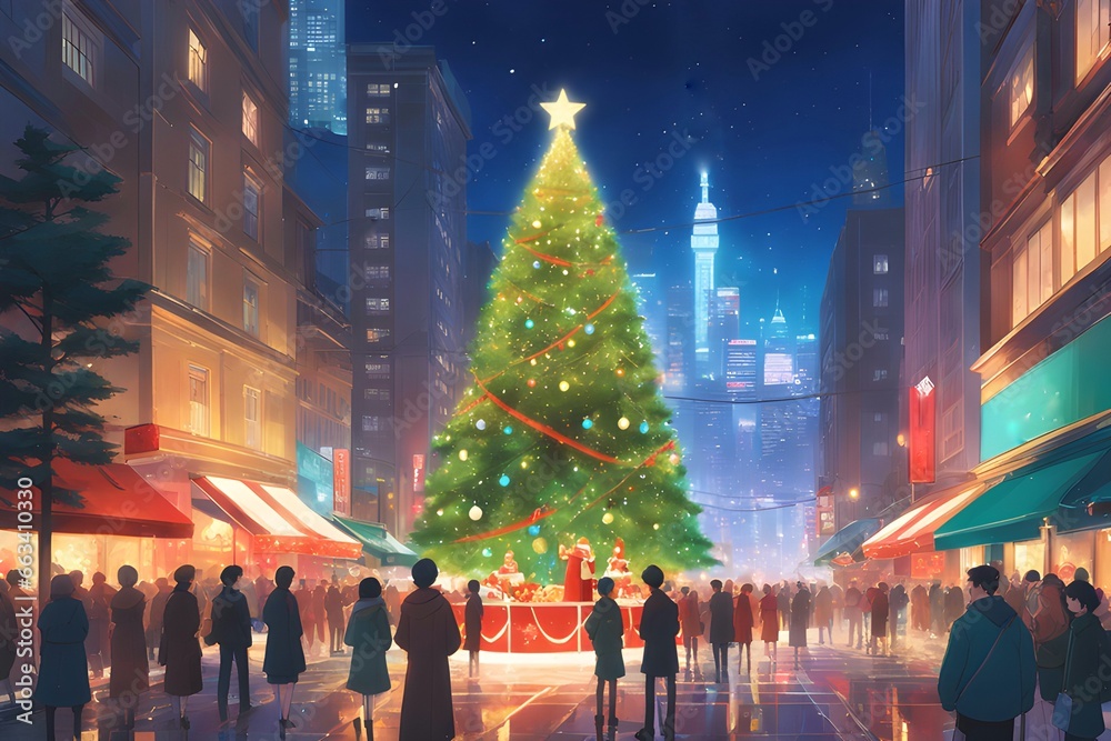 Linda arte digital de grande e iluminada árvore de natal no centro da ...