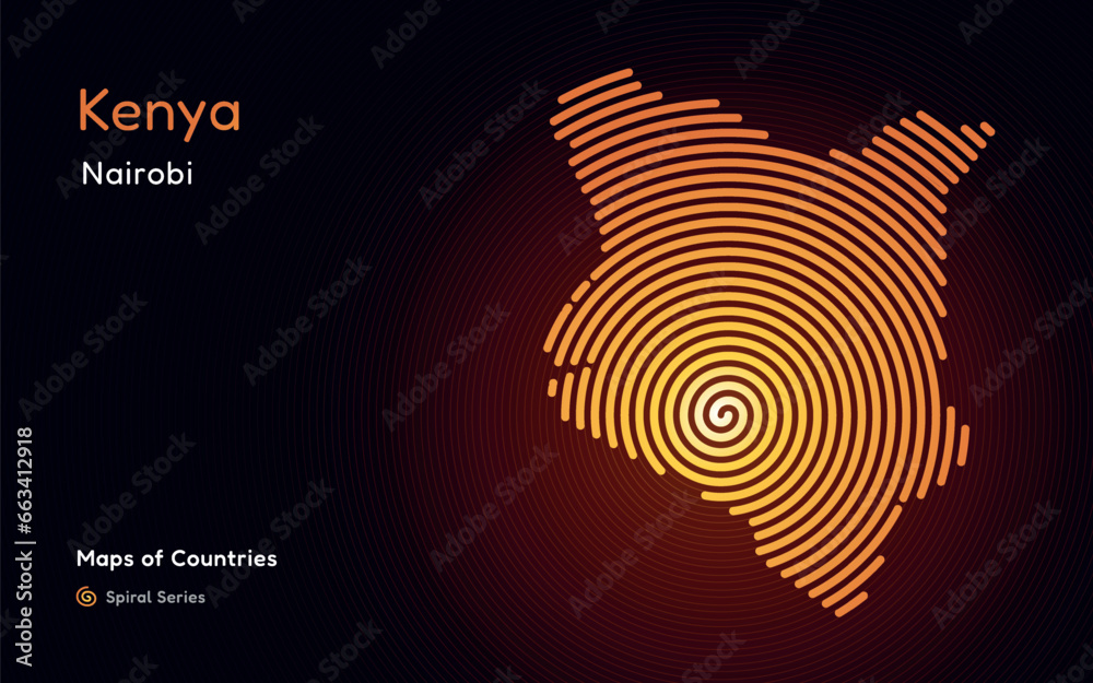 Abstract gold map of Kenya with circle lines. identifying its capital ...