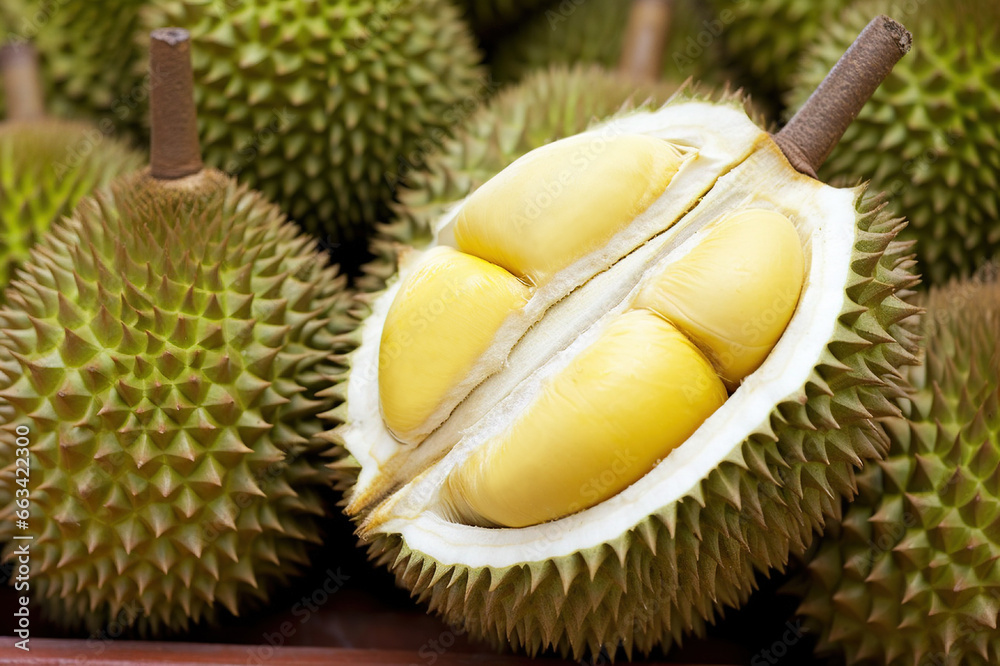 Durian Delight A Colorful Array of Fresh Durians in a Vibrant Durian ...