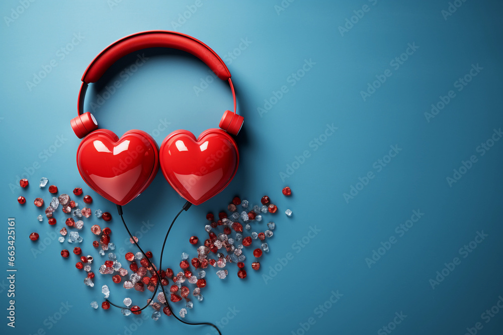 Headphones for listening to music in the shape of a red heart on a ... Headphones for listening to music in the shape of a red heart on a ...
