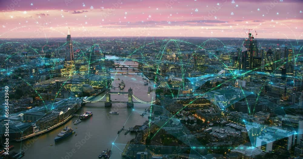 Magnificent Aerial Vision of London City at Dusk. Smart City Connected ...