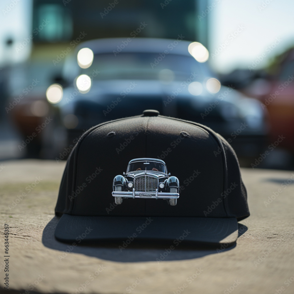 a black cap with a pattern of a retro car lies on the parapet on the ...