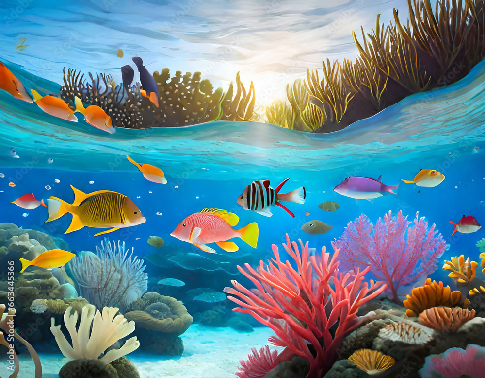 beautiful underwater scenery with various types of fish and coral reefs ...
