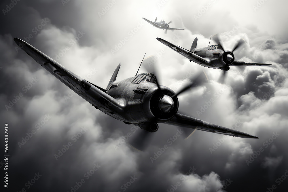 muted noir noire black and white cloudscape with WWII airplanes in ...